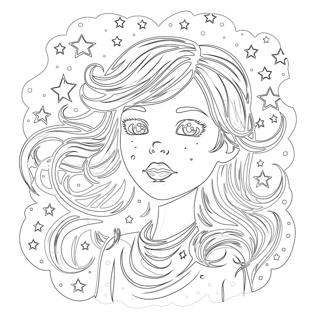 Girl With Stars Coloring Page | Coloring Pages Mimi Panda