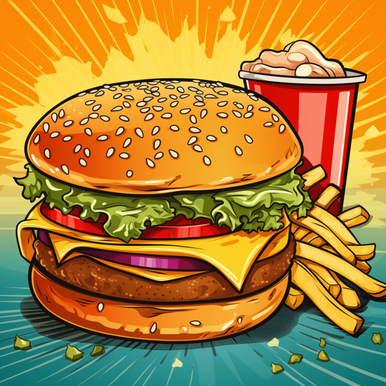 Burger And French Fries In Retro Cartoon Style Coloring Page coloring page