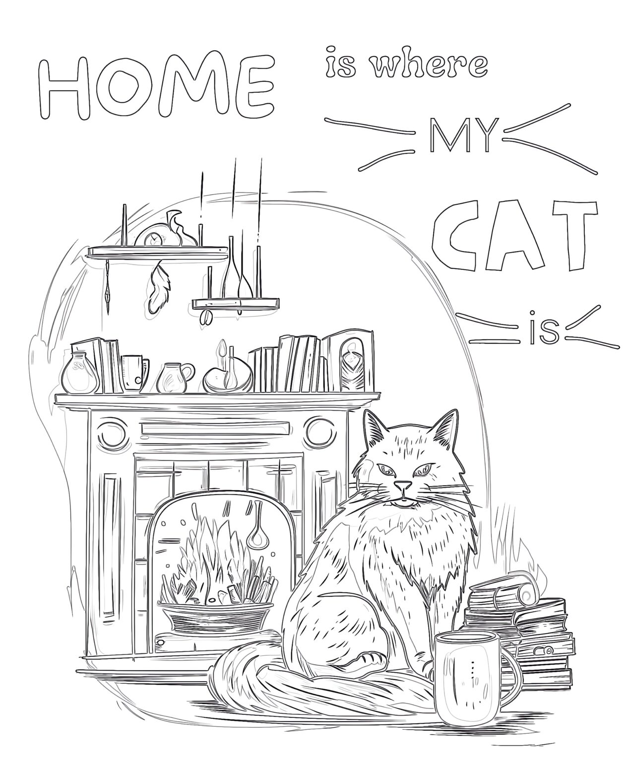 Cat at Home Coloring Page | Coloring Pages Mimi Panda