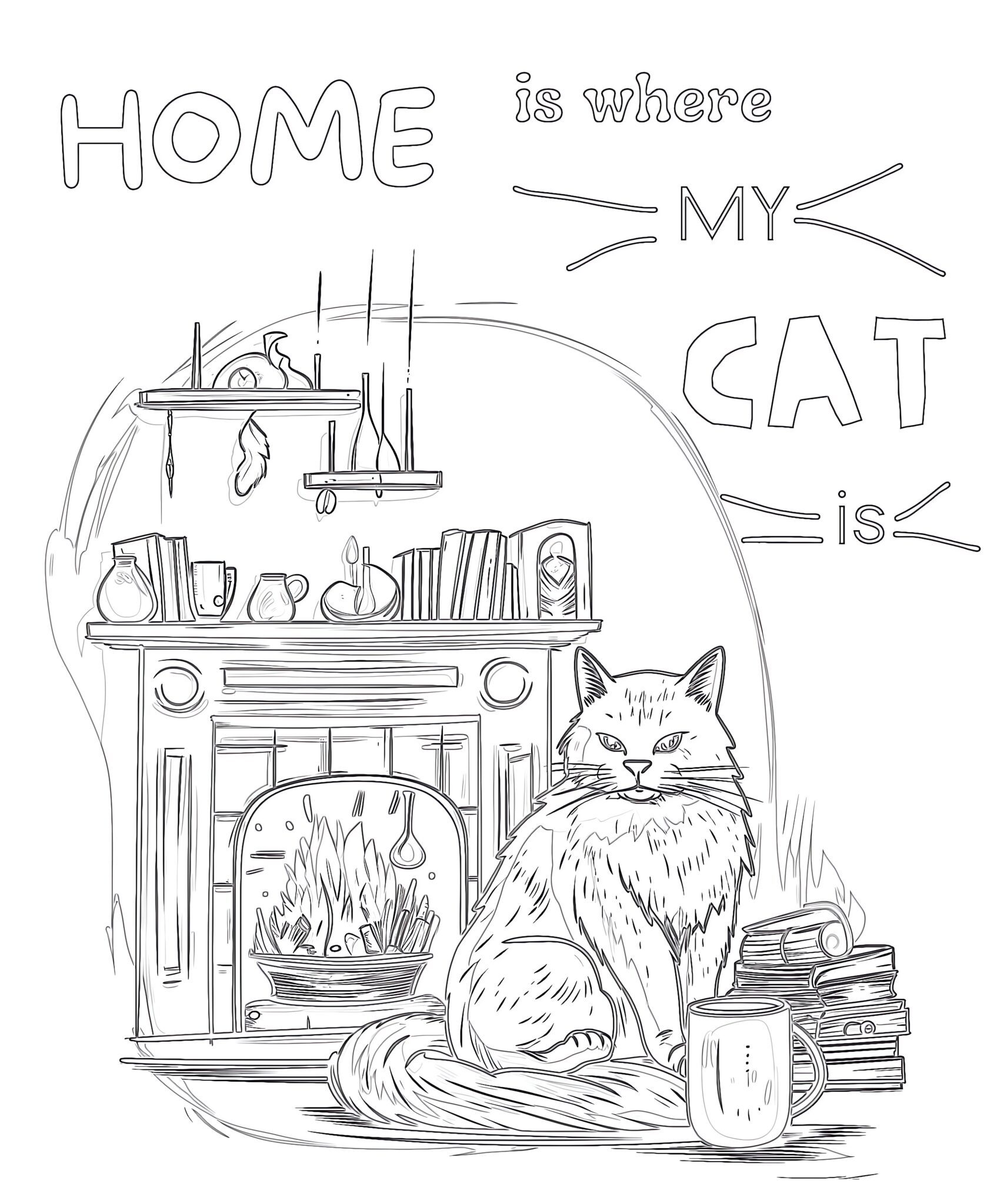 Cat at Home Coloring Page | Coloring Pages Mimi Panda