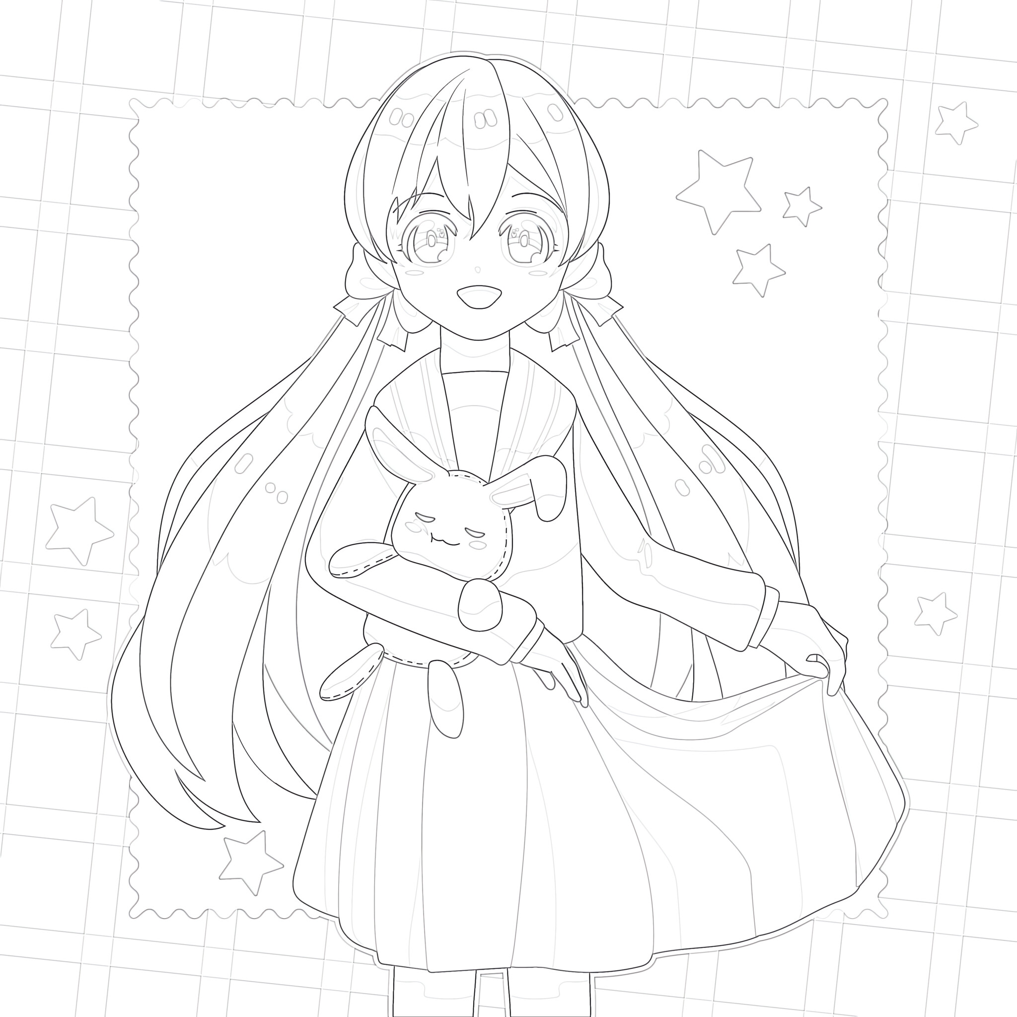 Printable Anime Girl With Toy Rabbit Coloring Page - Mimi Panda