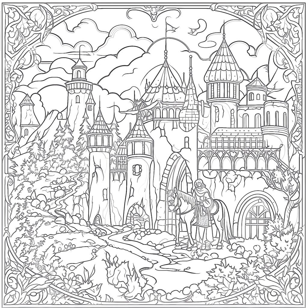 Enchanted Scene With Medieval Characters Coloring Page | Coloring Pages ...