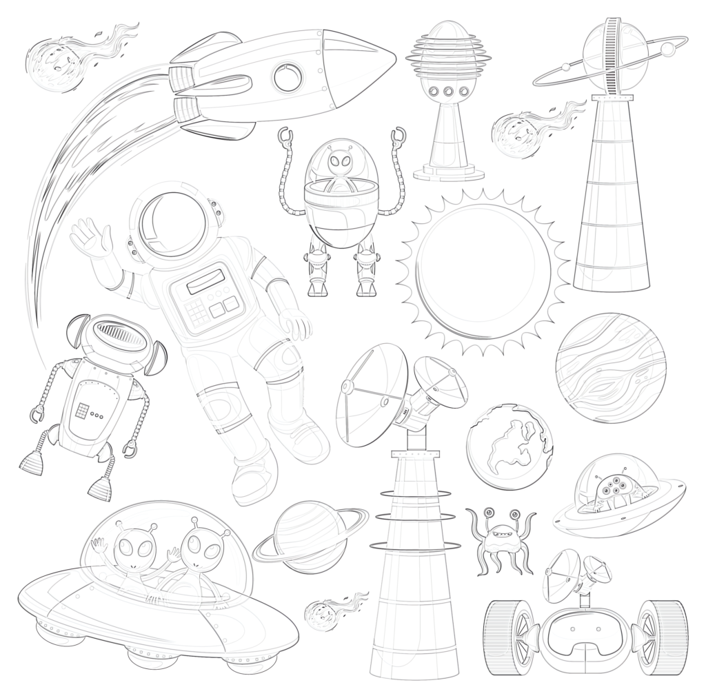 Printable Space Objects Coloring Page - Mimi Panda
