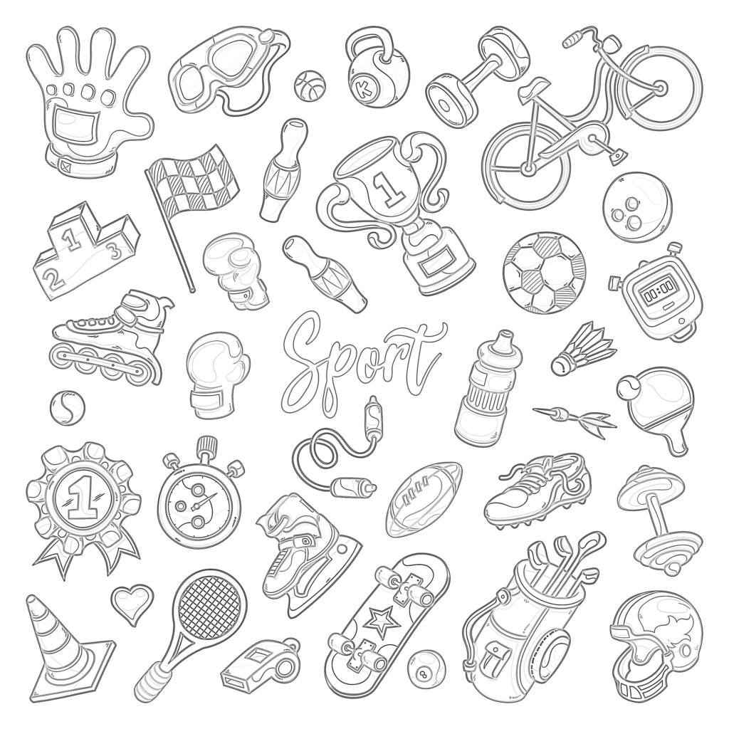 Printable Set Of Sport Doodles Coloring Page - Mimi Panda