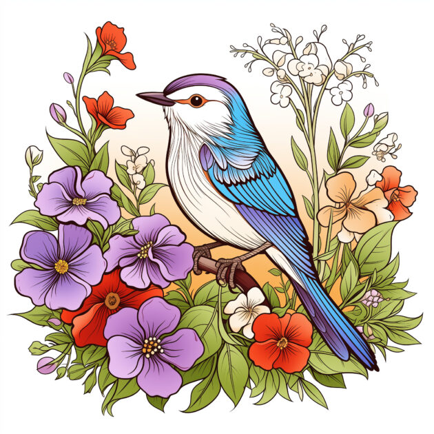 Bird and Flower Coloring Page | Coloring Pages Mimi Panda