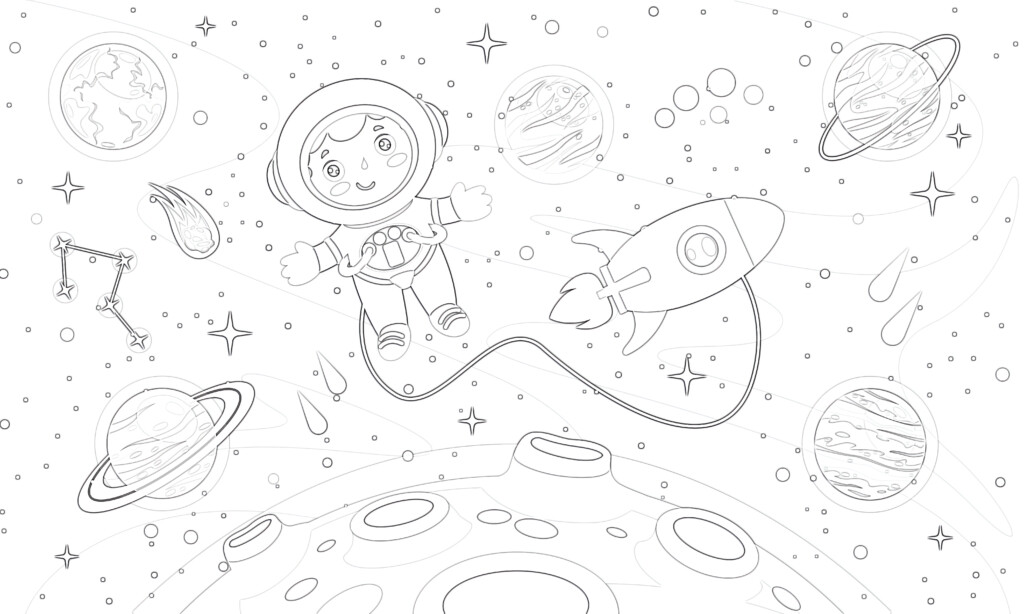 Printable Hand Drawn Colorful Space Coloring Page - Mimi Panda