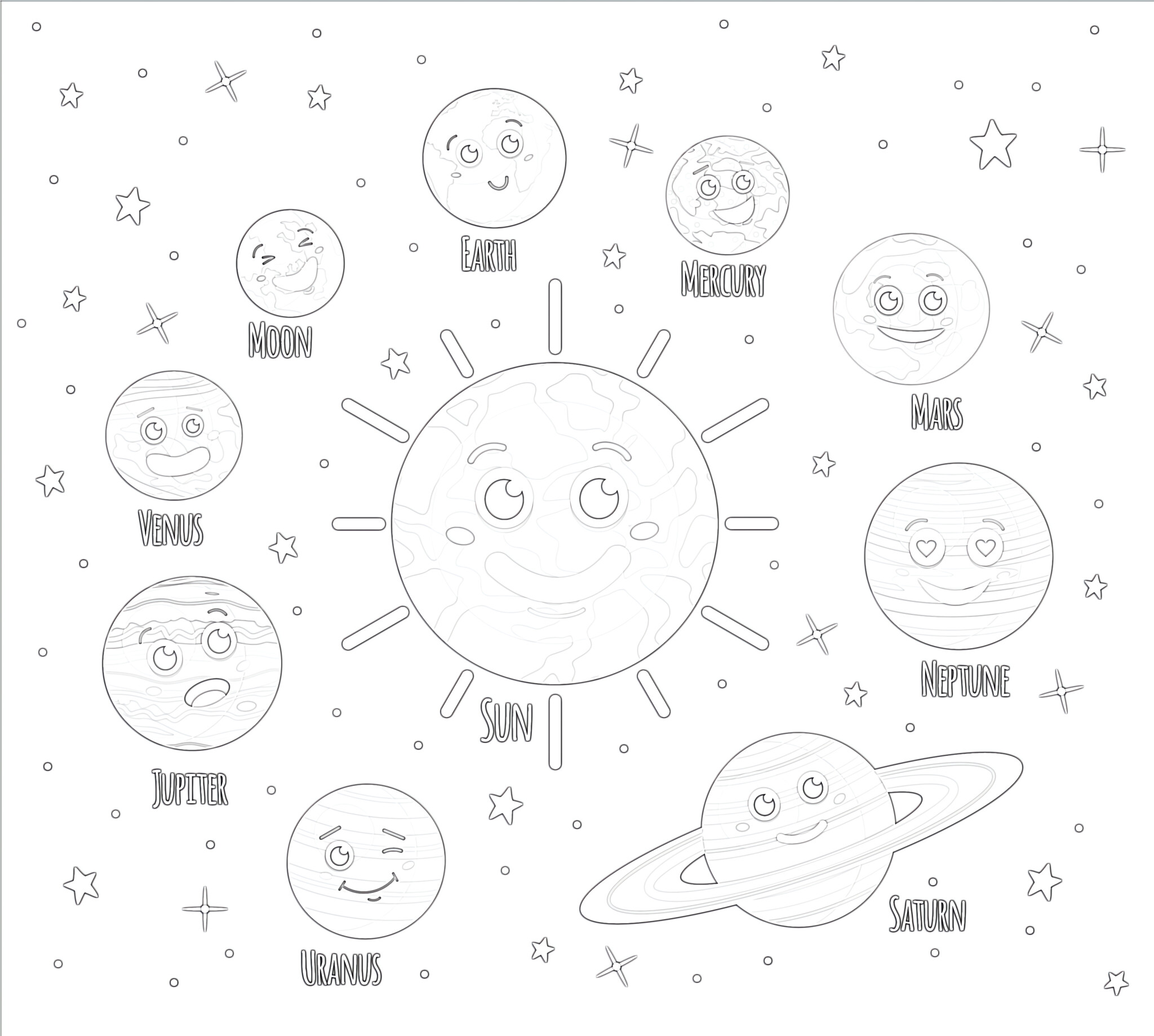 Printable Cartoon Planets With Faces Coloring Page - Mimi Panda
