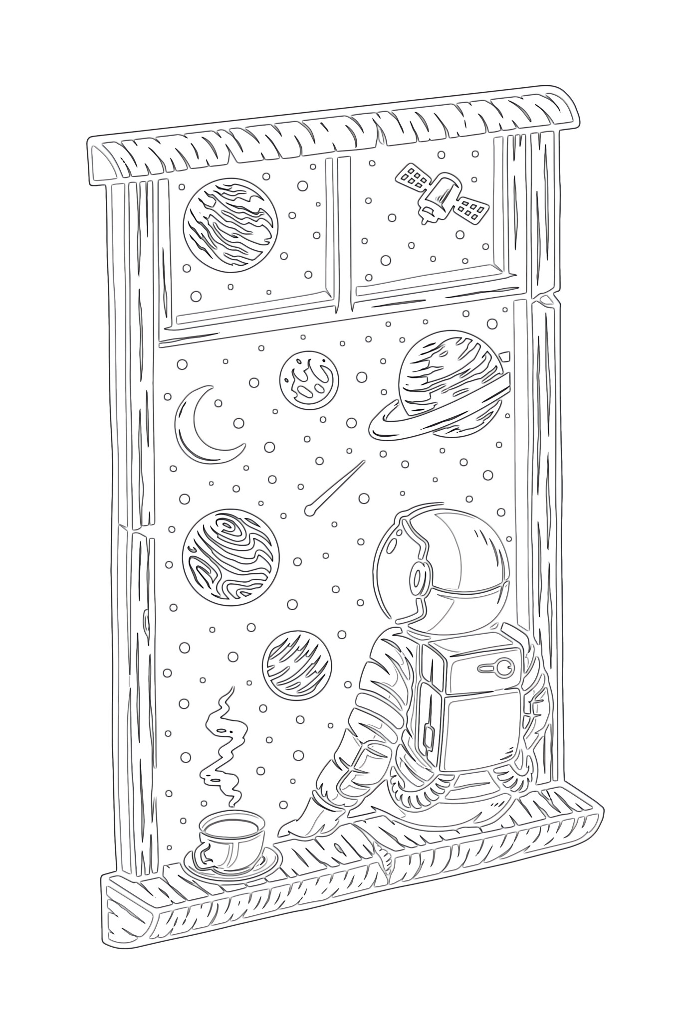 Printable Astronaut Looks Out Of The Window Coloring Page - Mimi Panda