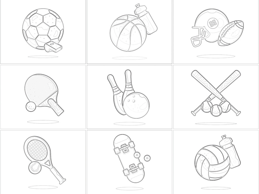 Printable Set Of Sports Coloring Page - Mimi Panda