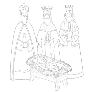 Printable Three Wise Men Visit Baby Jesus Coloring Page - Mimi Panda