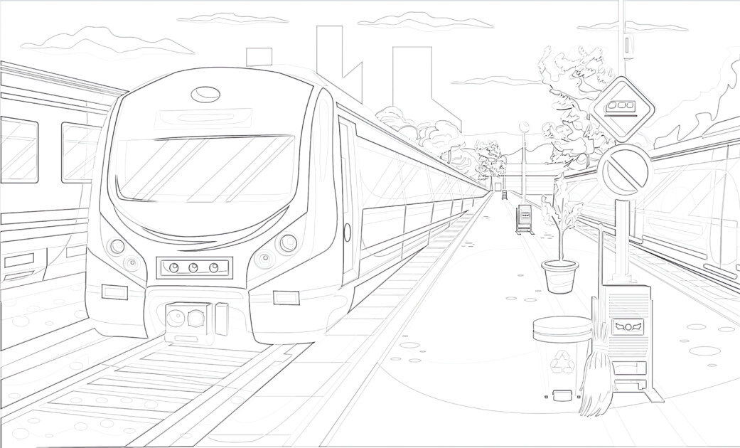 Train Station With Electric Train Locomotive coloring page
