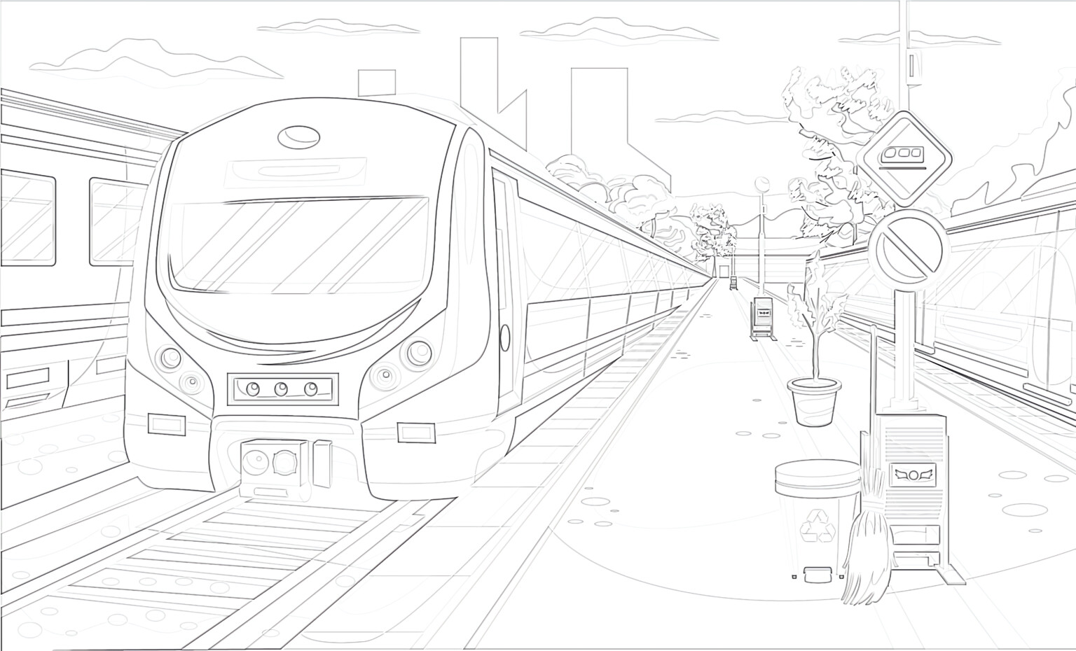 Train Station With Electric Train Locomotive coloring page