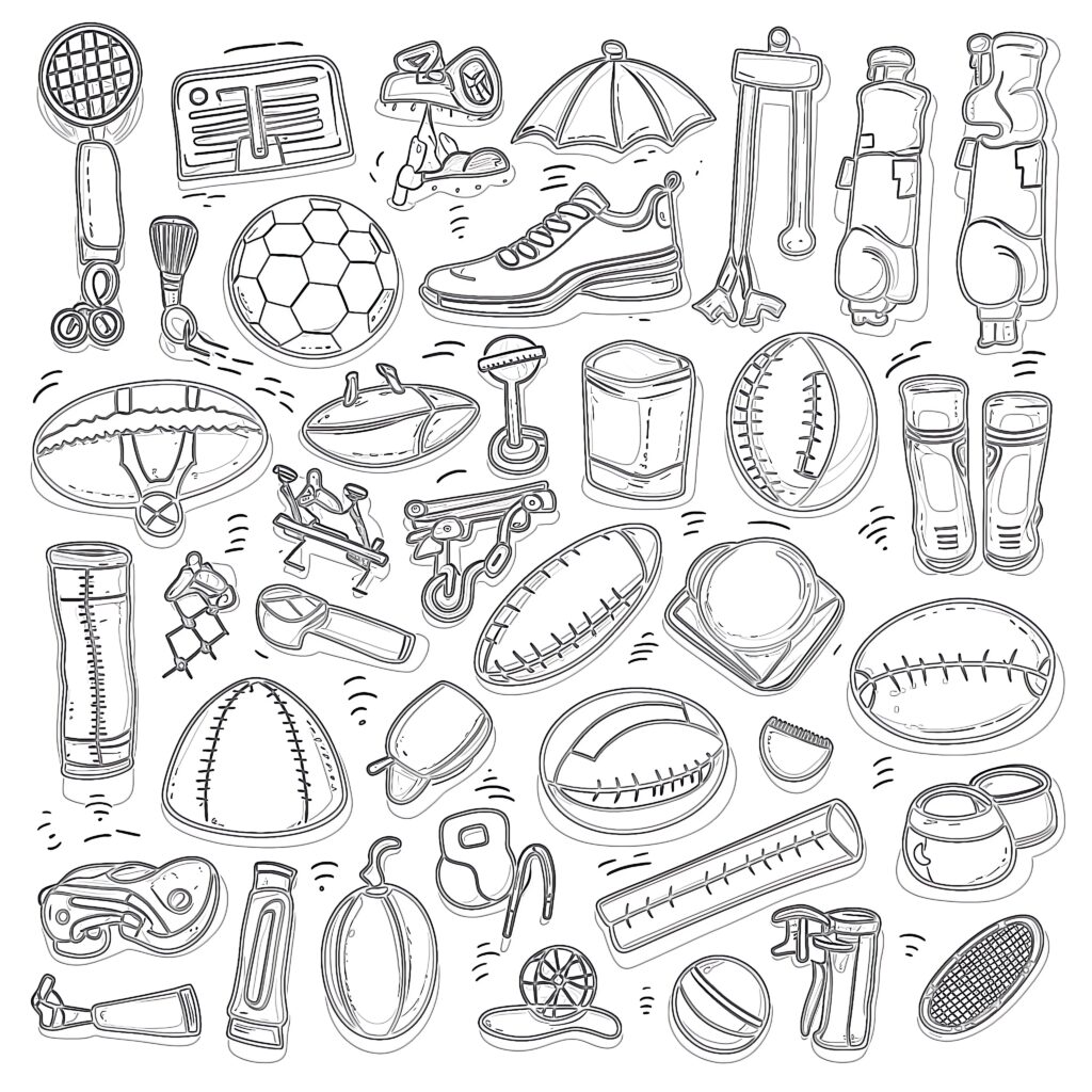 Set Of Sport Doodles Coloring Page | Coloring Pages Mimi Panda