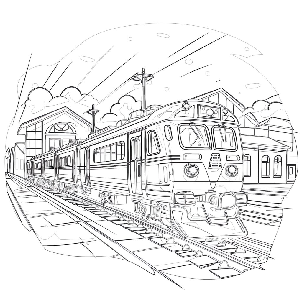 Train Station With Electric Train Locomotive coloring page