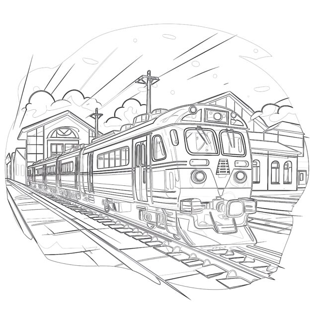 Train Station With Electric Train Locomotive coloring page