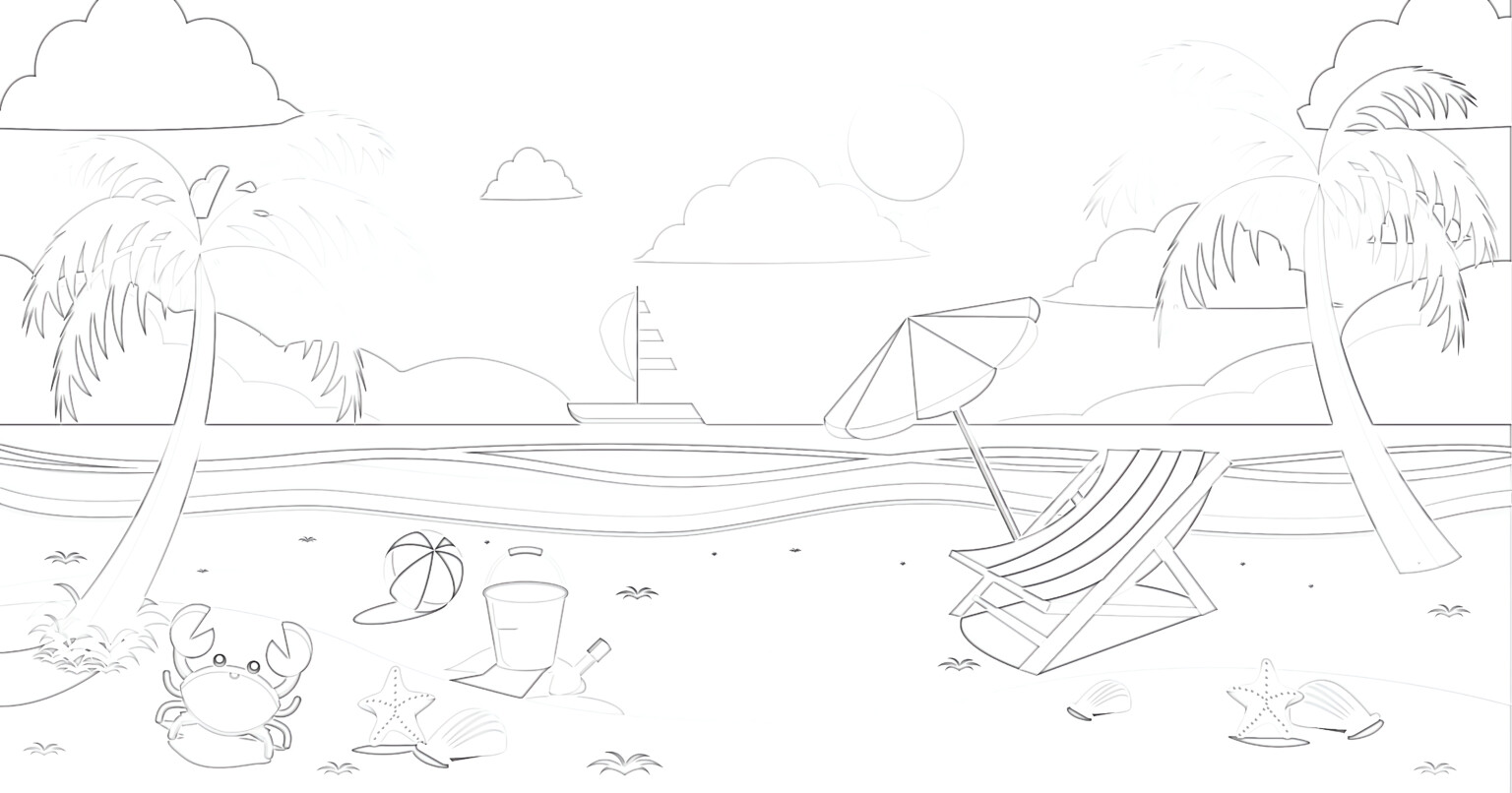 Printable Sunny Beach Summer Landscape Coloring Page - Mimi Panda
