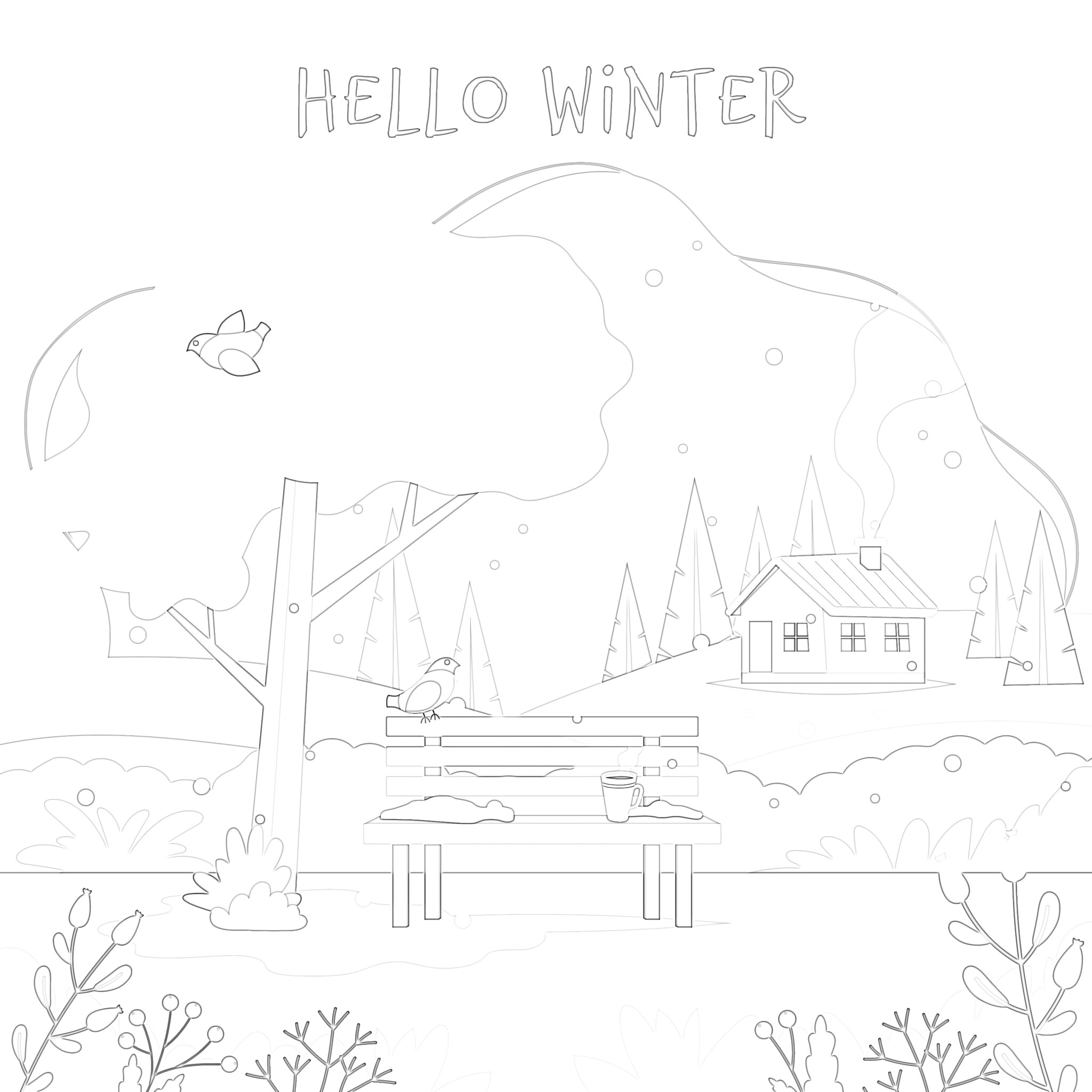 Printable Hello Winter Coloring Page - Mimi Panda