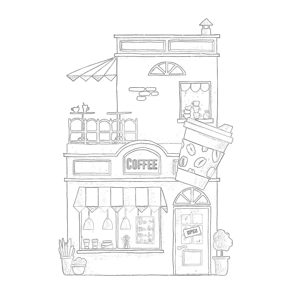 Printable Coffee Shop Coloring Page - Mimi Panda
