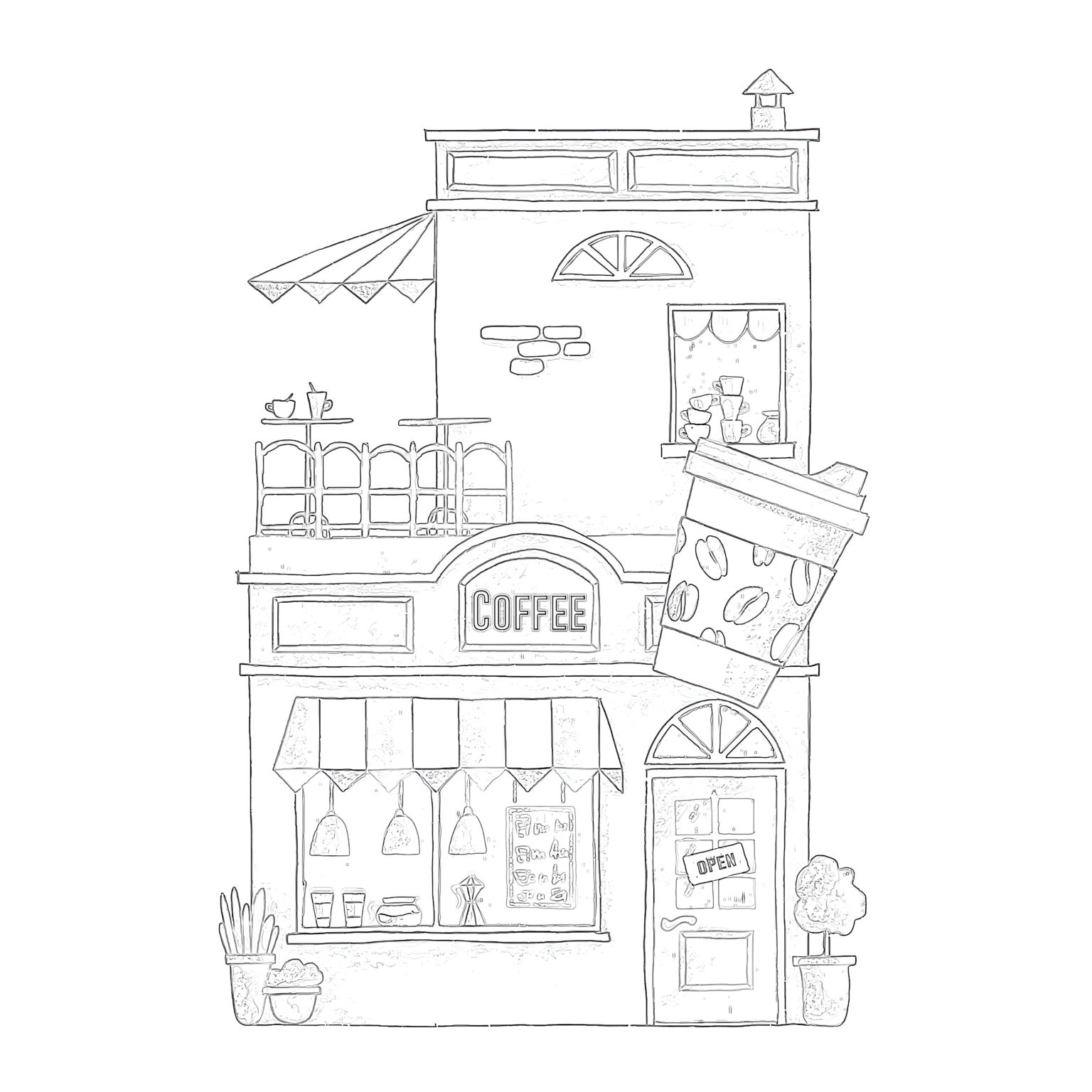 Printable Coffee Shop Coloring Page - Mimi Panda