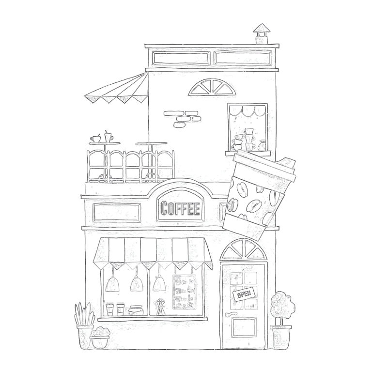 Printable Coffee Shop Coloring Page - Mimi Panda