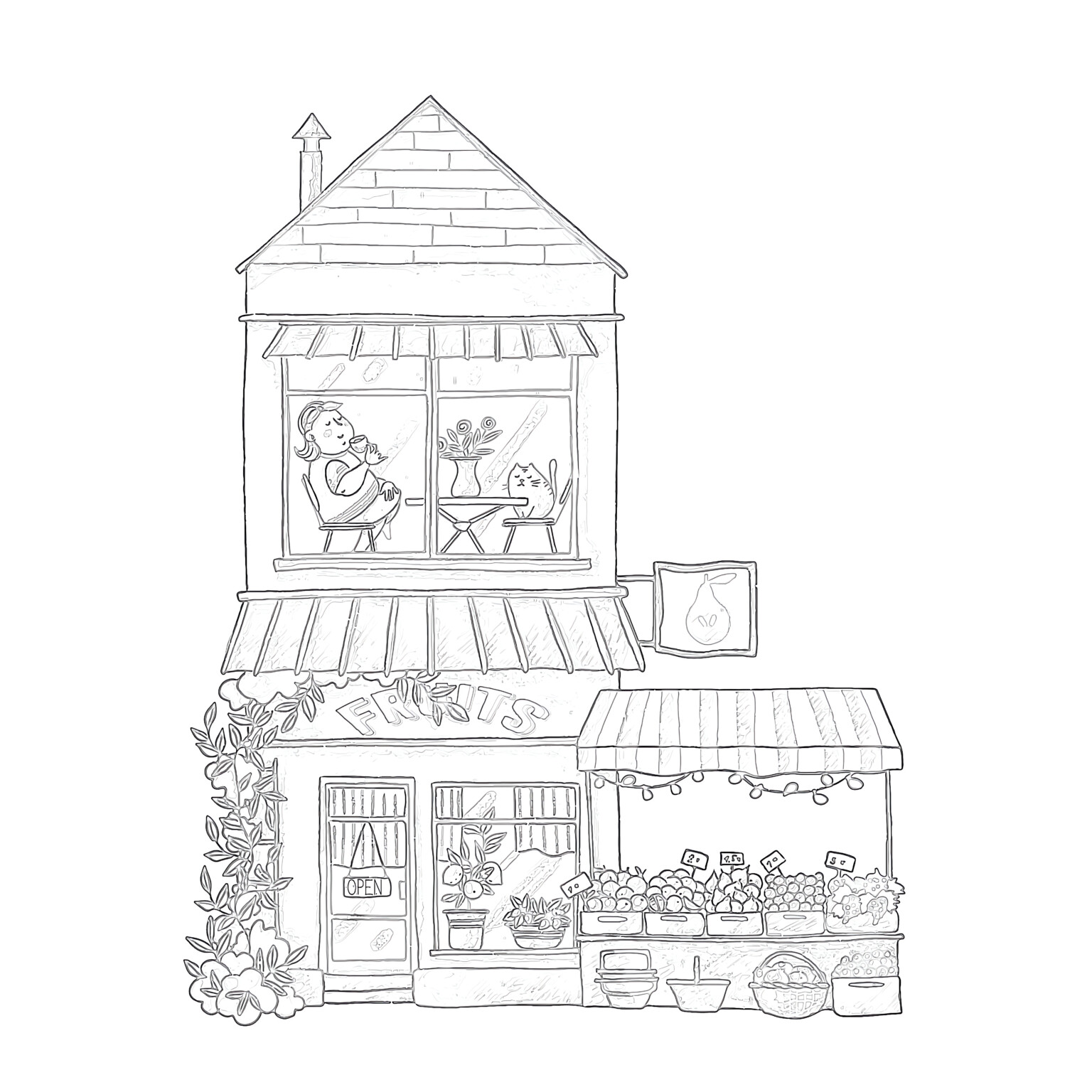 Printable Fruits Market Building Coloring Page - Mimi Panda