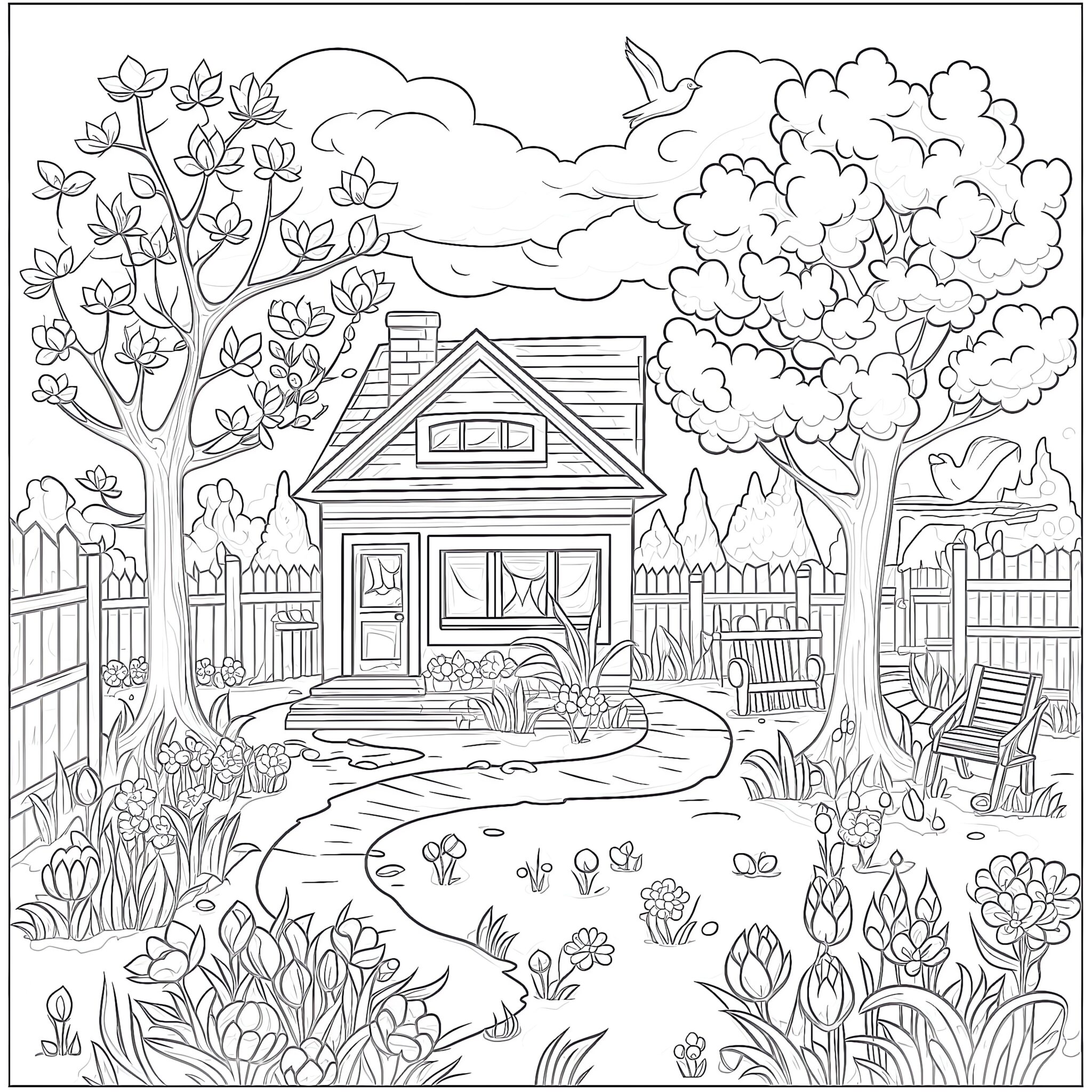 Spring Backyard Coloring Page | Coloring Pages Mimi Panda