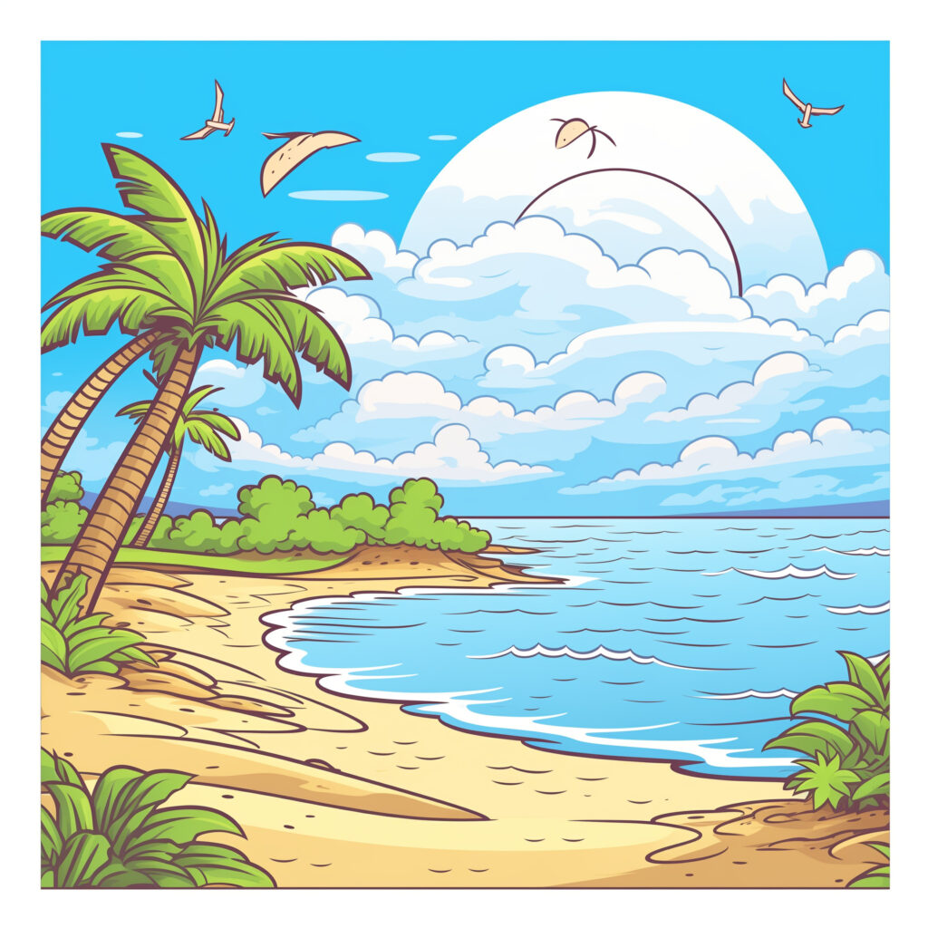 Sunny Beach Summer Landscape | Coloring Pages Mimi Panda