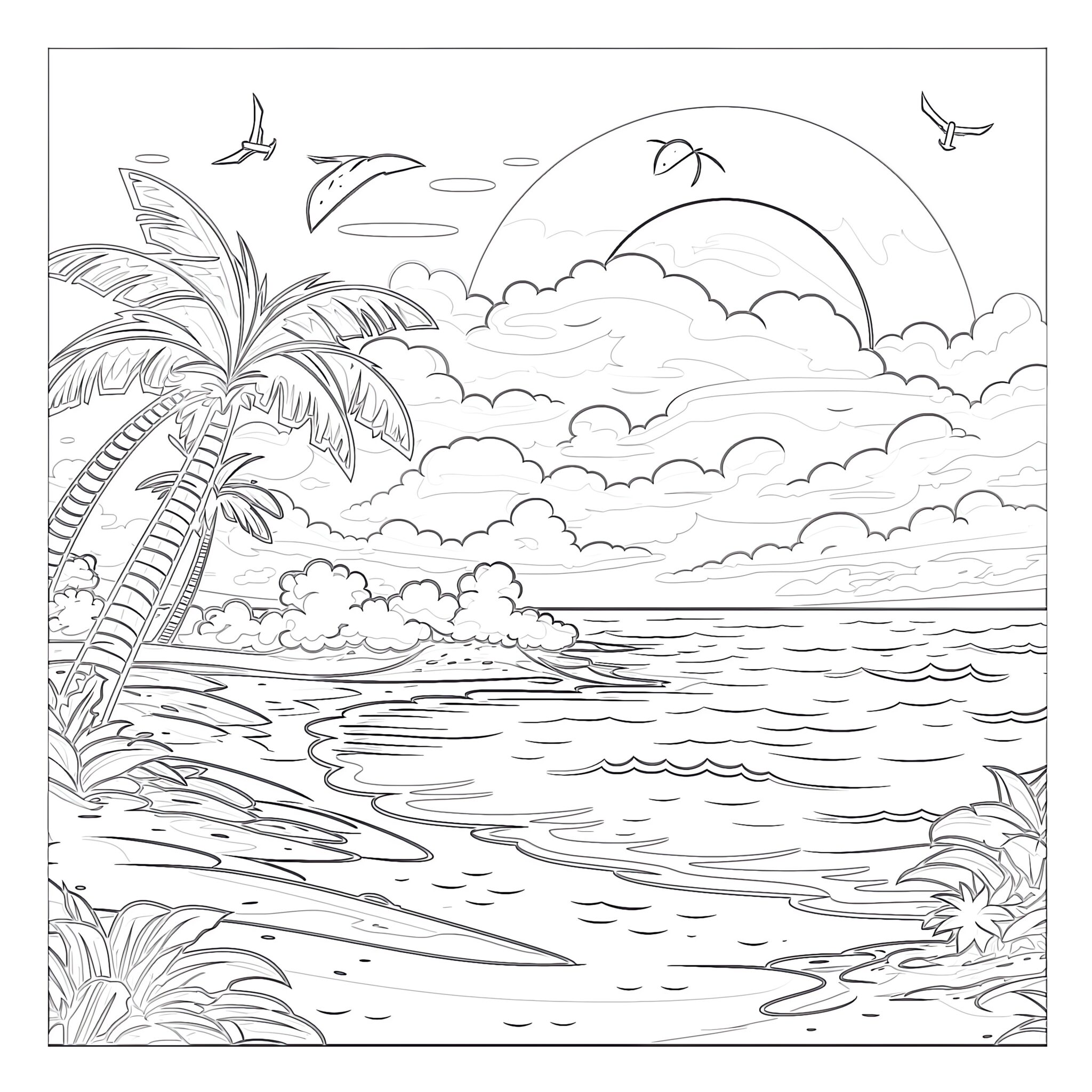 Sunny Beach Summer Landscape | Coloring Pages Mimi Panda