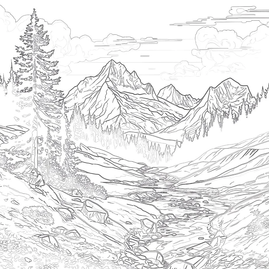 View Of The Beautiful Landscape In The Alps | Coloring Pages Mimi Panda