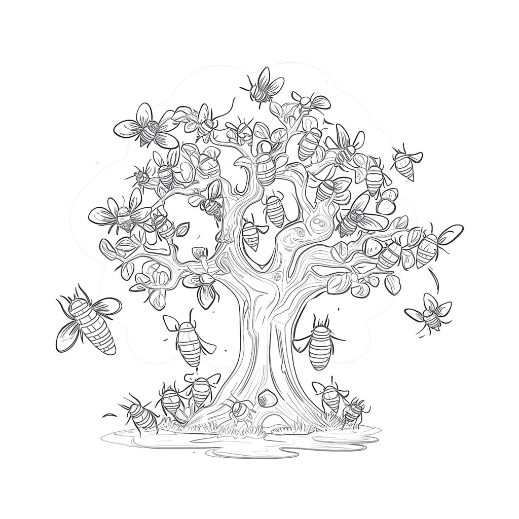 Branch of a Tree with a Beehive and Bees Coloring Page | Coloring Pages ...