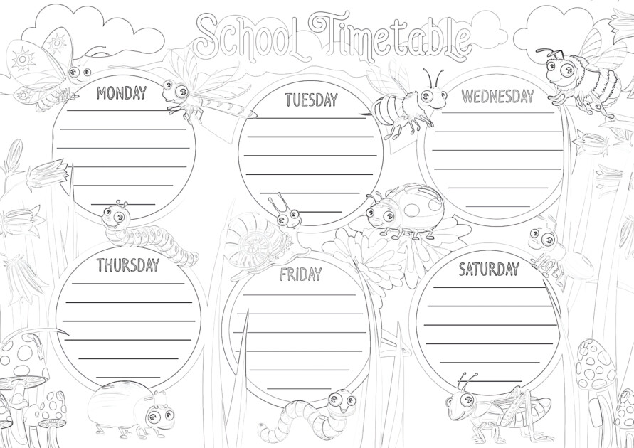 School Planner With Insects Characters coloring page