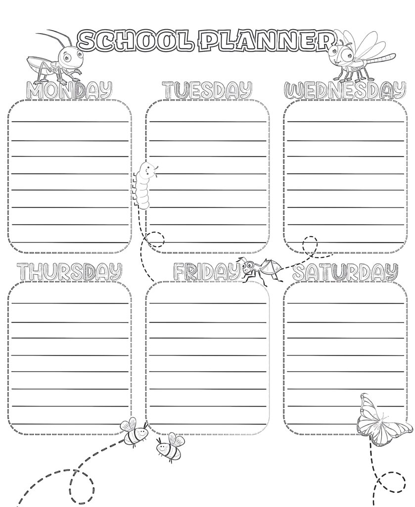 School Planner with Insects Characters Coloring Page | Coloring Pages ...