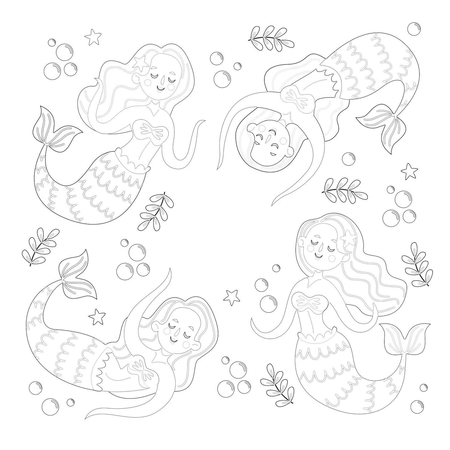 Printable Smiling Mermaids Coloring Page - Mimi Panda
