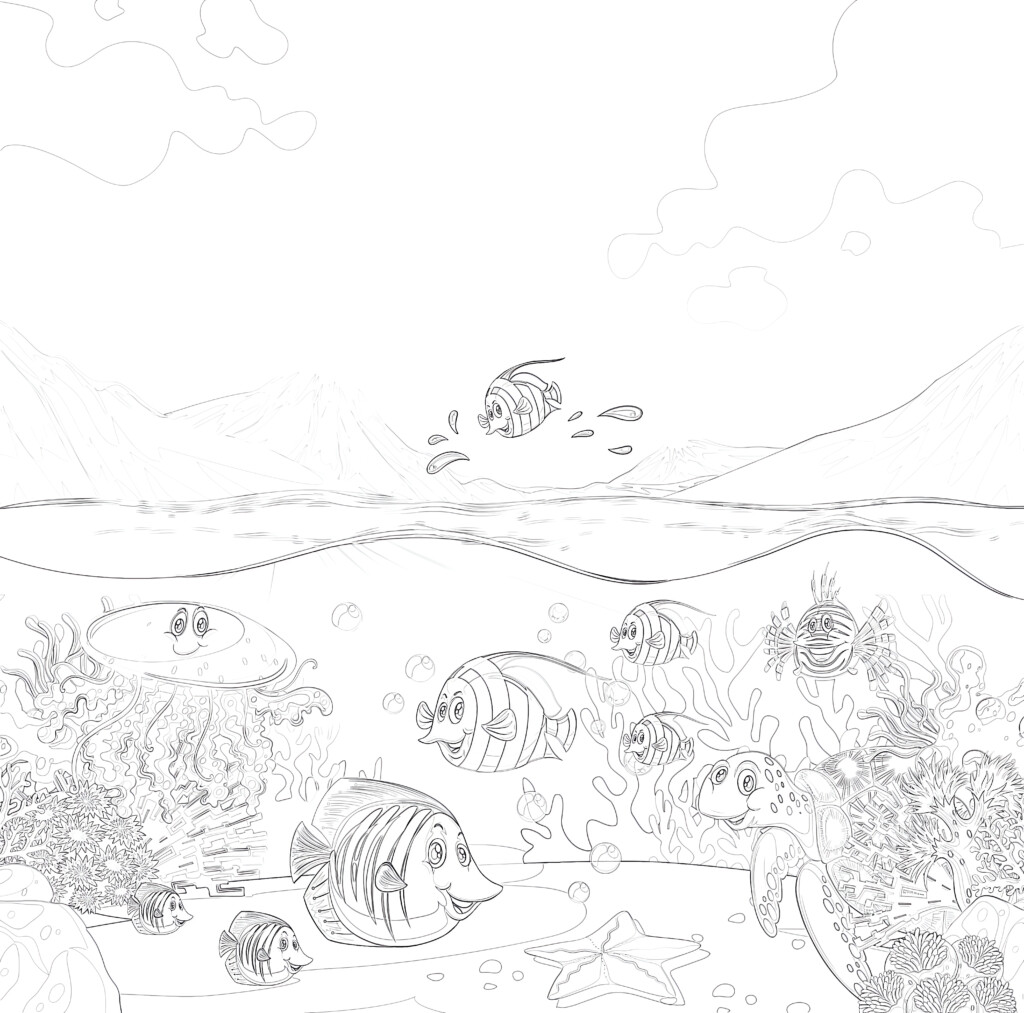 Printable Scene Fishs And Turtle Coloring Page - Mimi Panda
