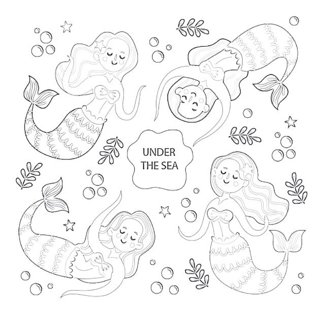 Printable Smiling Mermaids Coloring Page - Mimi Panda