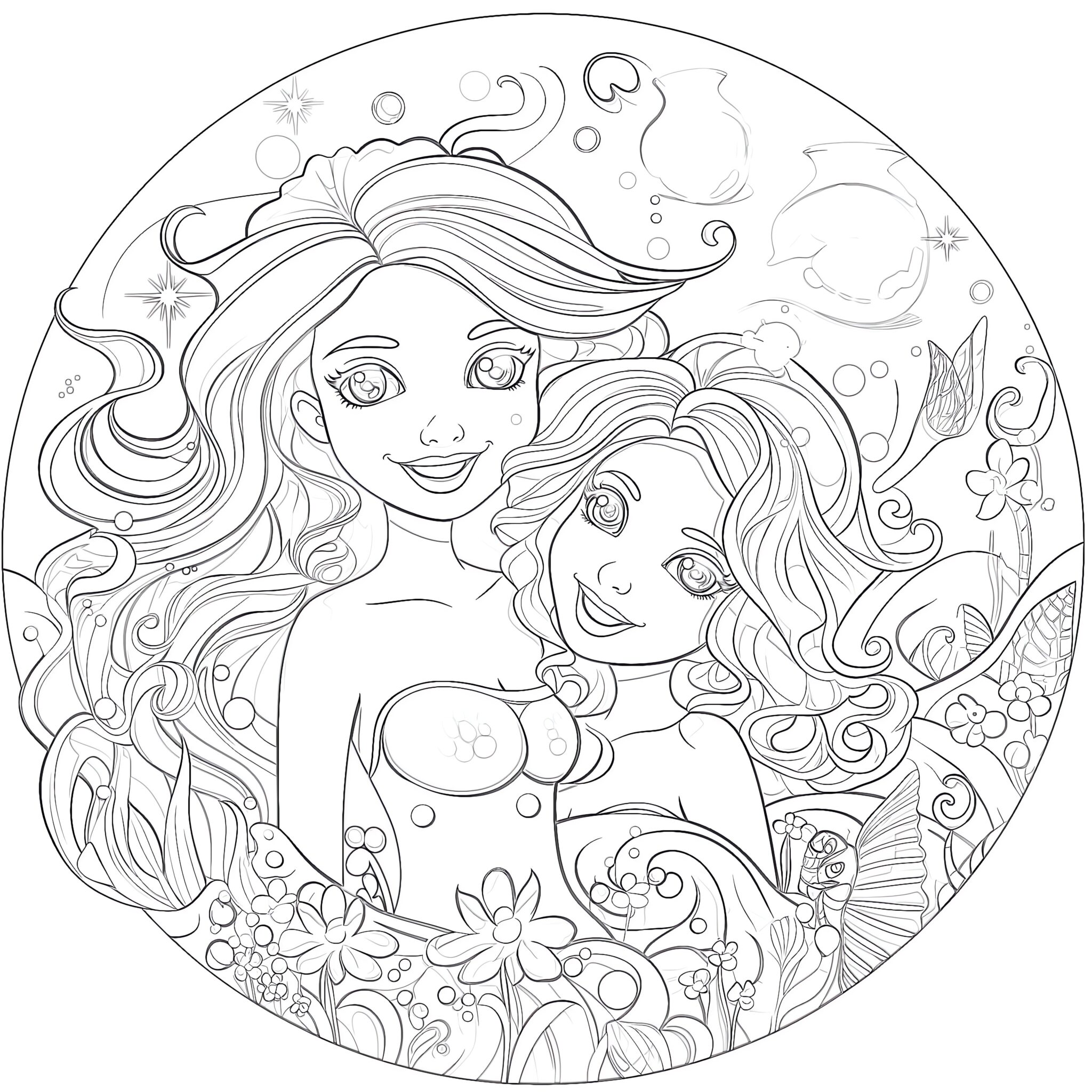 Smiling Mermaids Coloring Page | Coloring Pages Mimi Panda