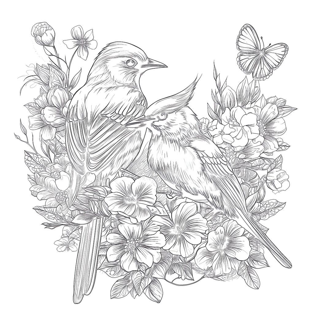 Vintage Beautiful Birds Coloring Page | Coloring Pages Mimi Panda