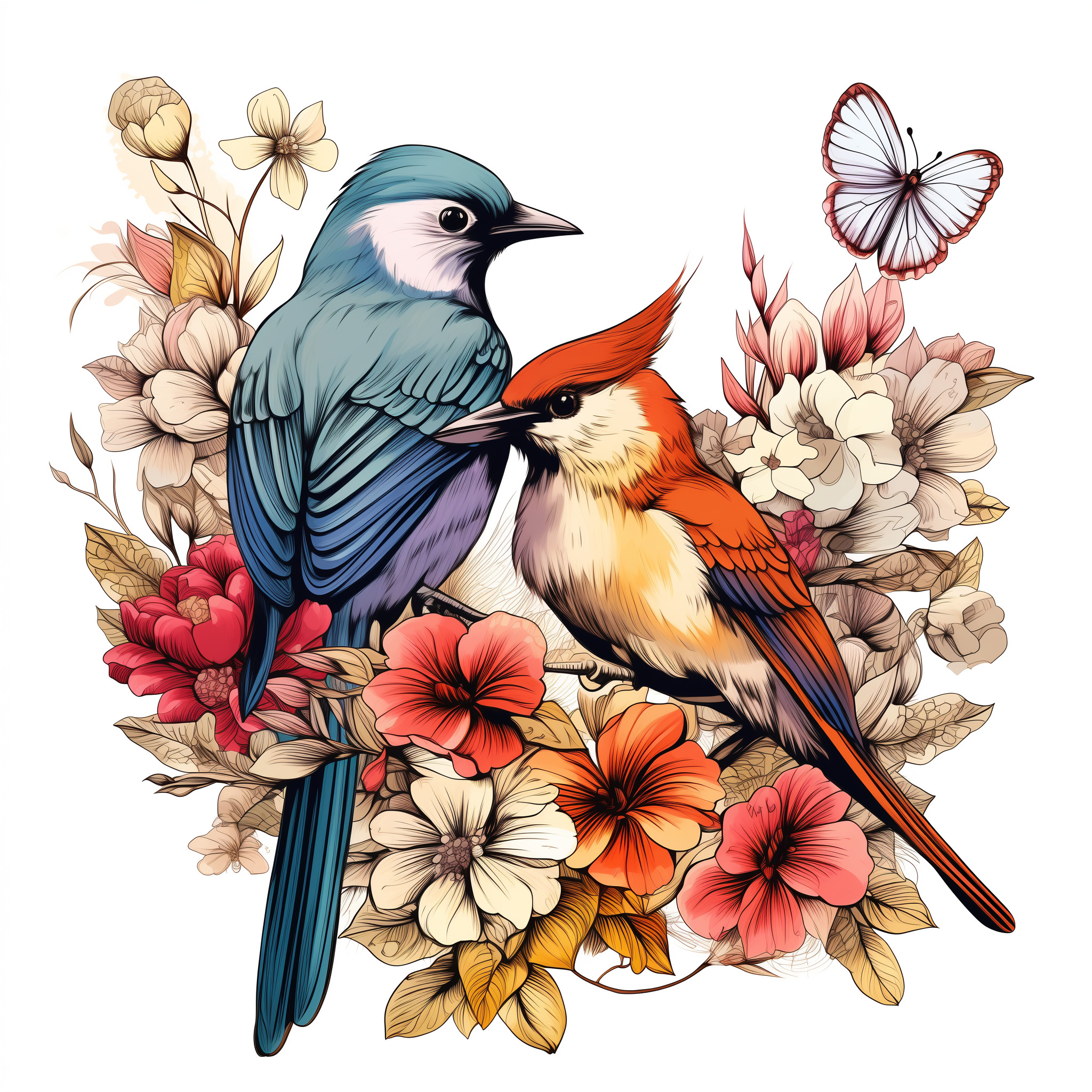 Printable Vintage Beautiful Birds Coloring Page - Mimi Panda