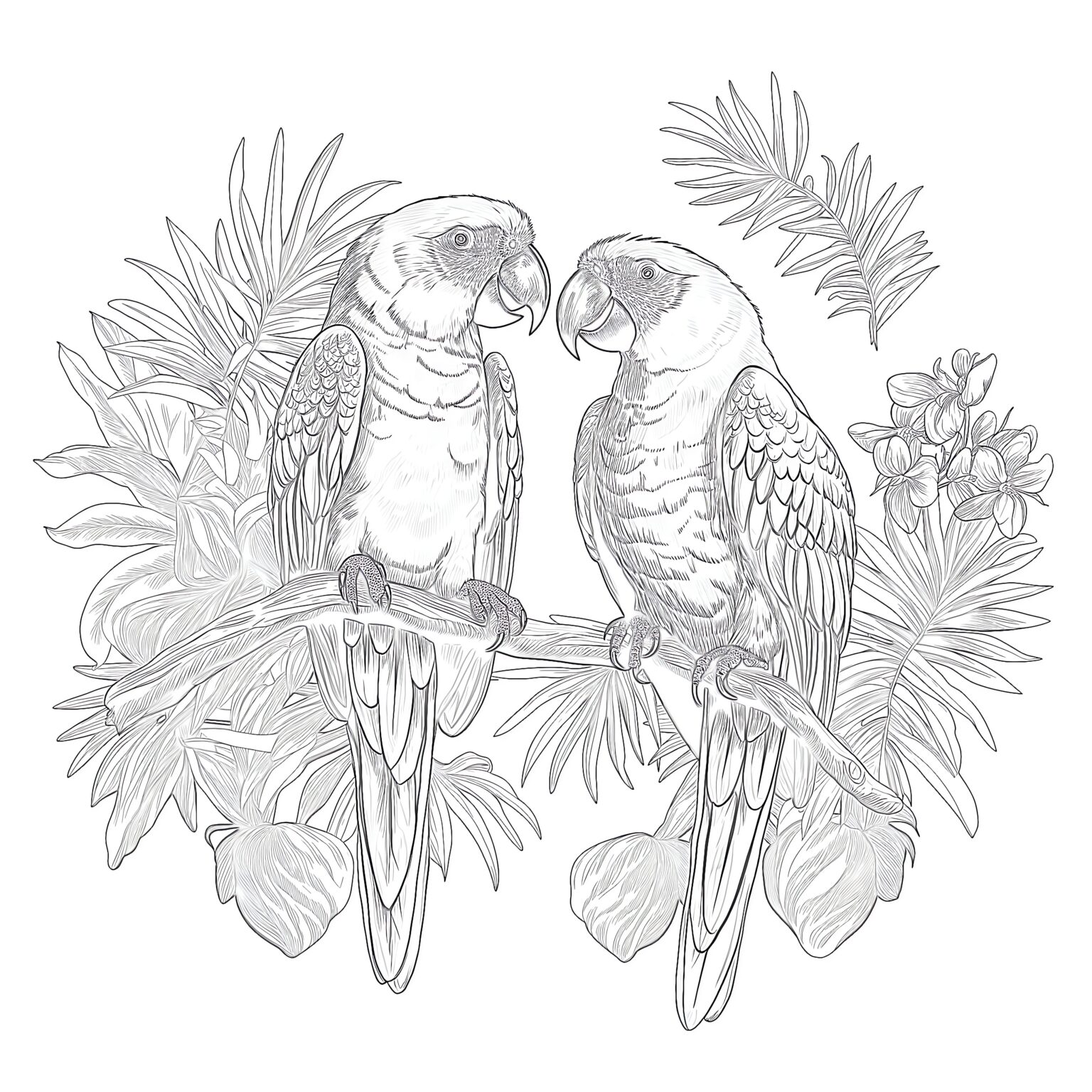 Vintage Two Yellow Parrots Coloring Page | Coloring Pages Mimi Panda
