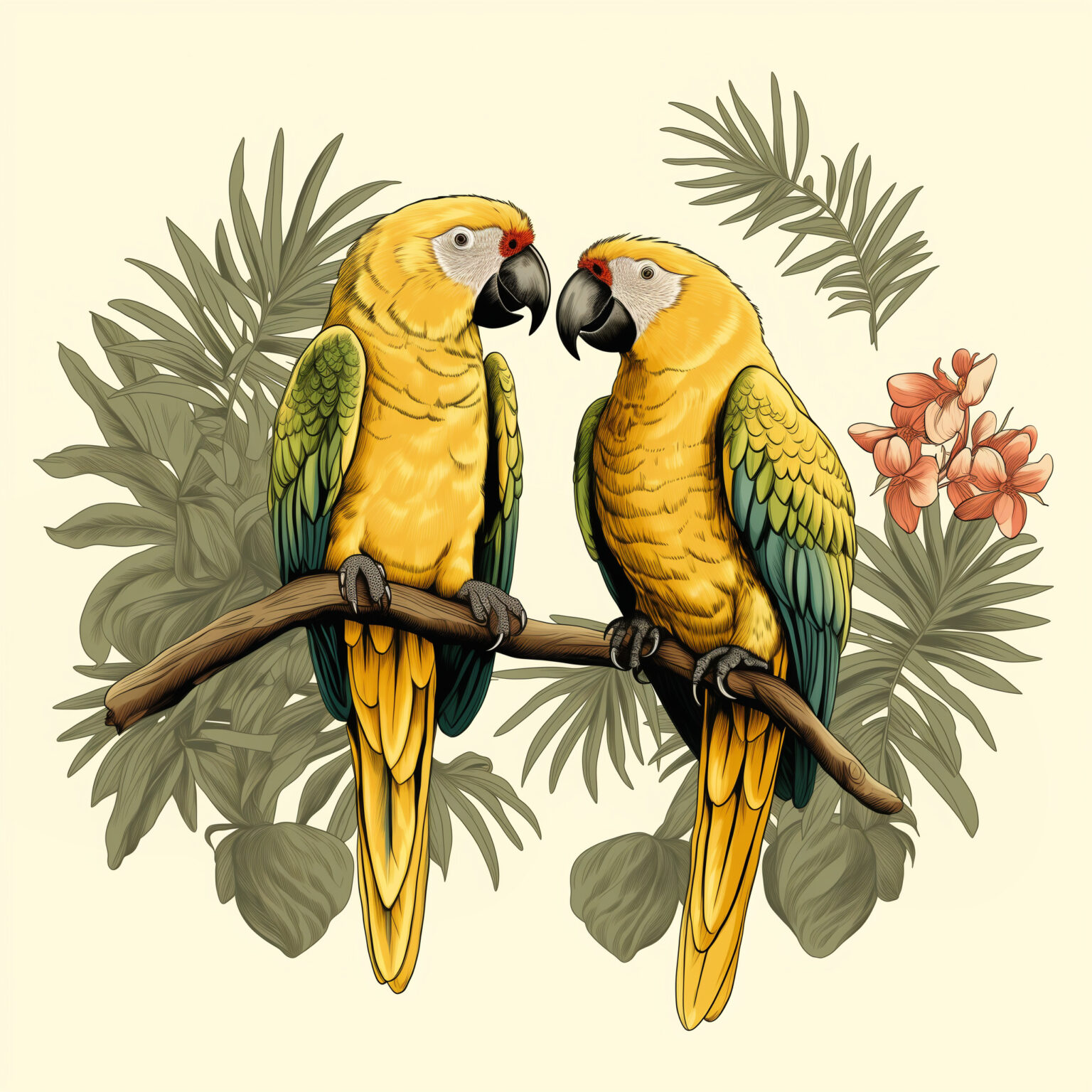 Vintage Two Yellow Parrots Coloring Page | Coloring Pages Mimi Panda