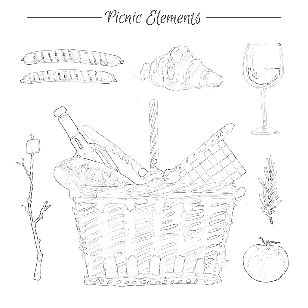 Printable Basket With Picnic Elements Coloring Page - Mimi Panda