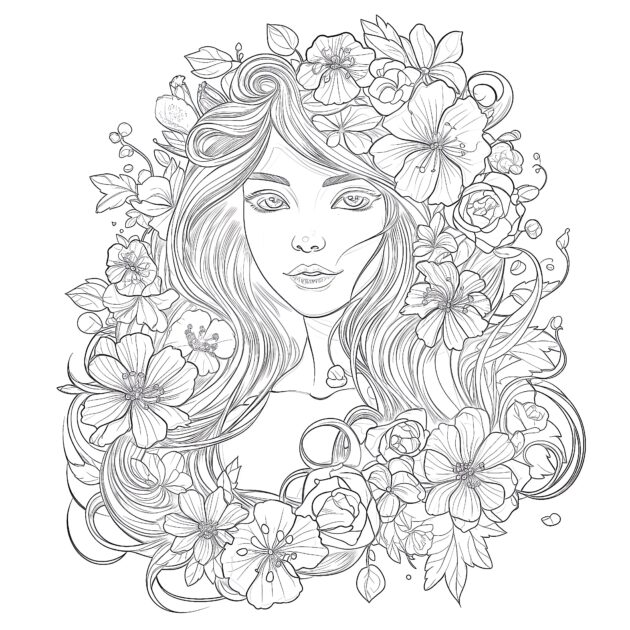 Girl Colored Flowers Coloring Page | Coloring Pages Mimi Panda
