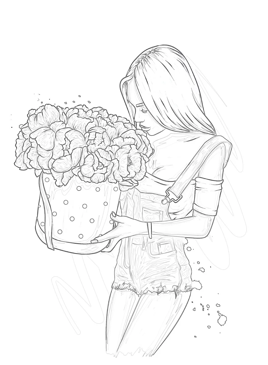 Printable Beautiful Girl With Flowers Coloring Page - Mimi Panda