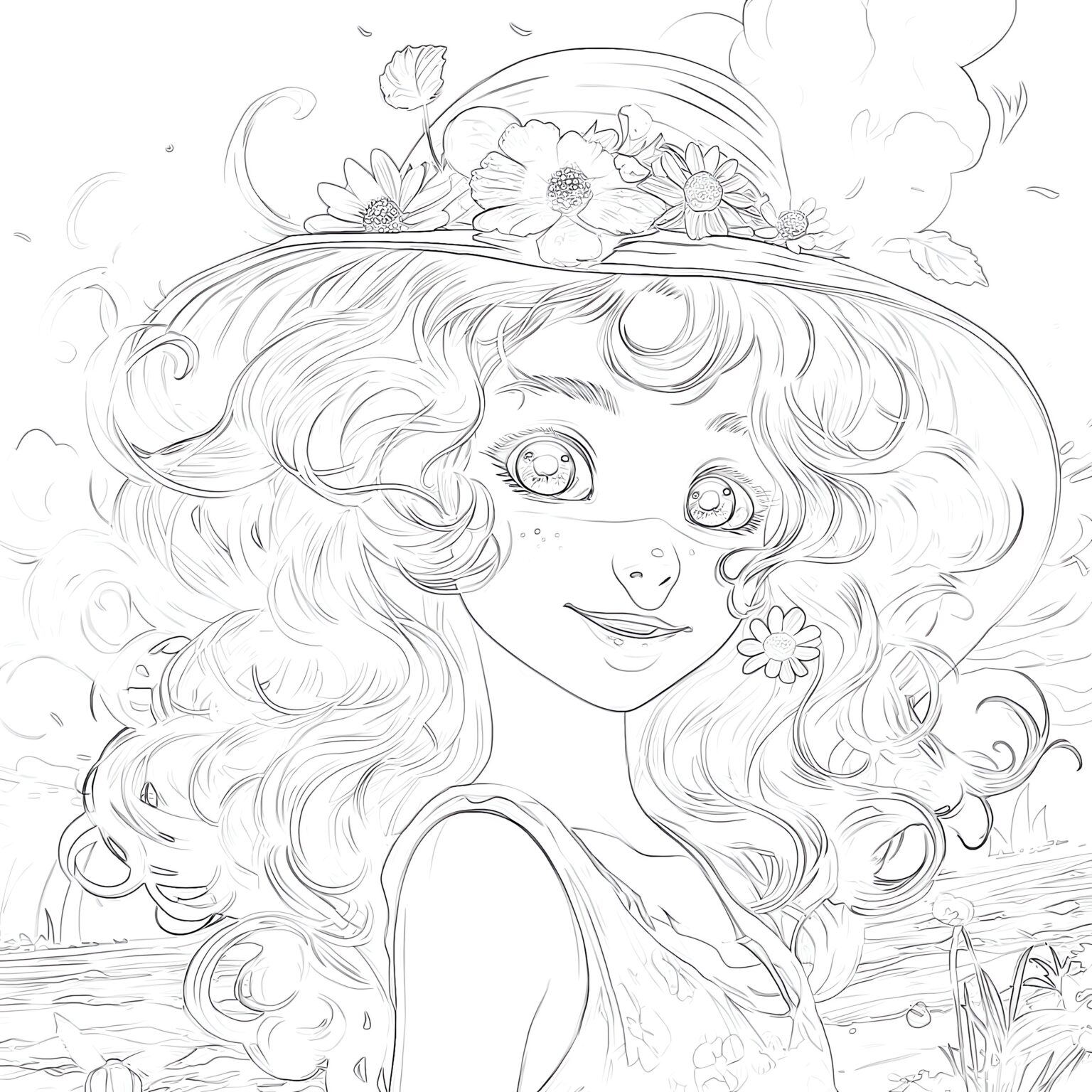 Beautiful Girl With Flowers Coloring Page | Coloring Pages Mimi Panda