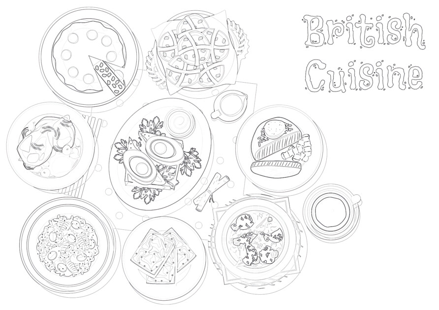 Printable British Cuisine Coloring Page - Mimi Panda