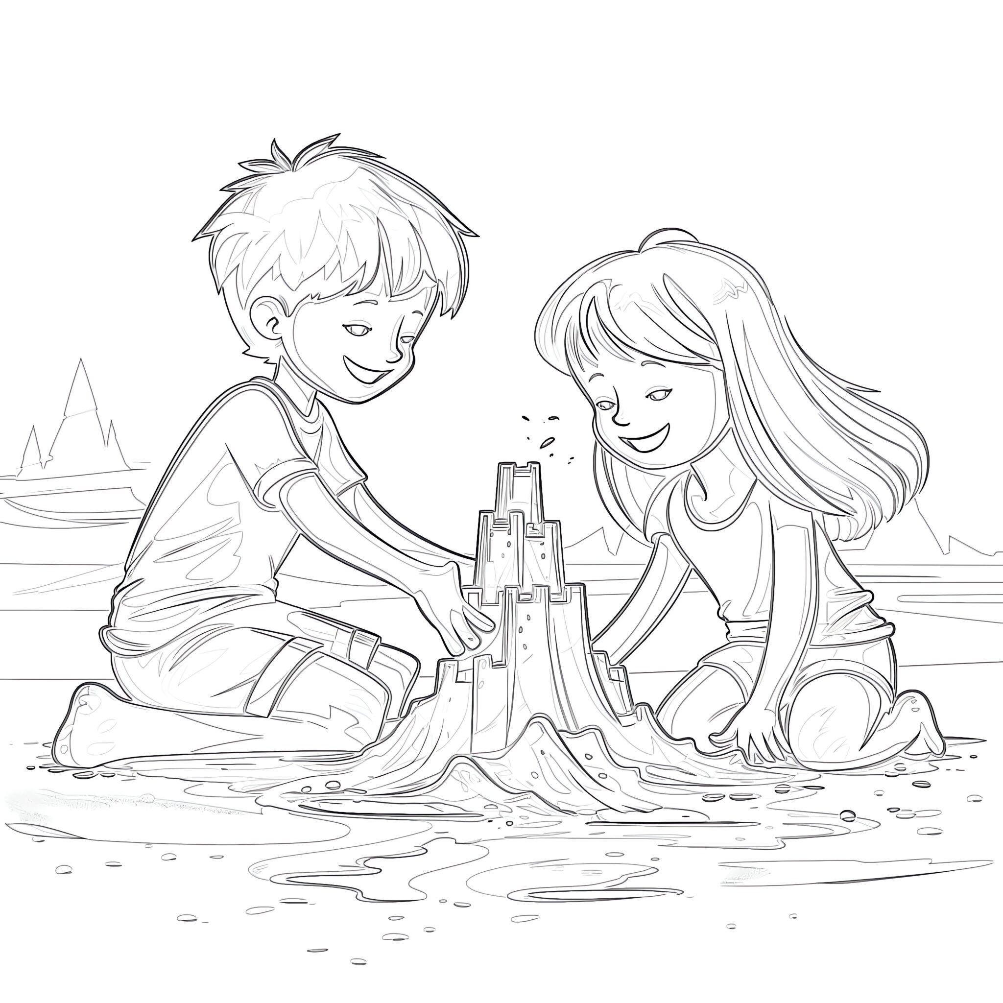 Children Making Sand Castle | Coloring Pages Mimi Panda