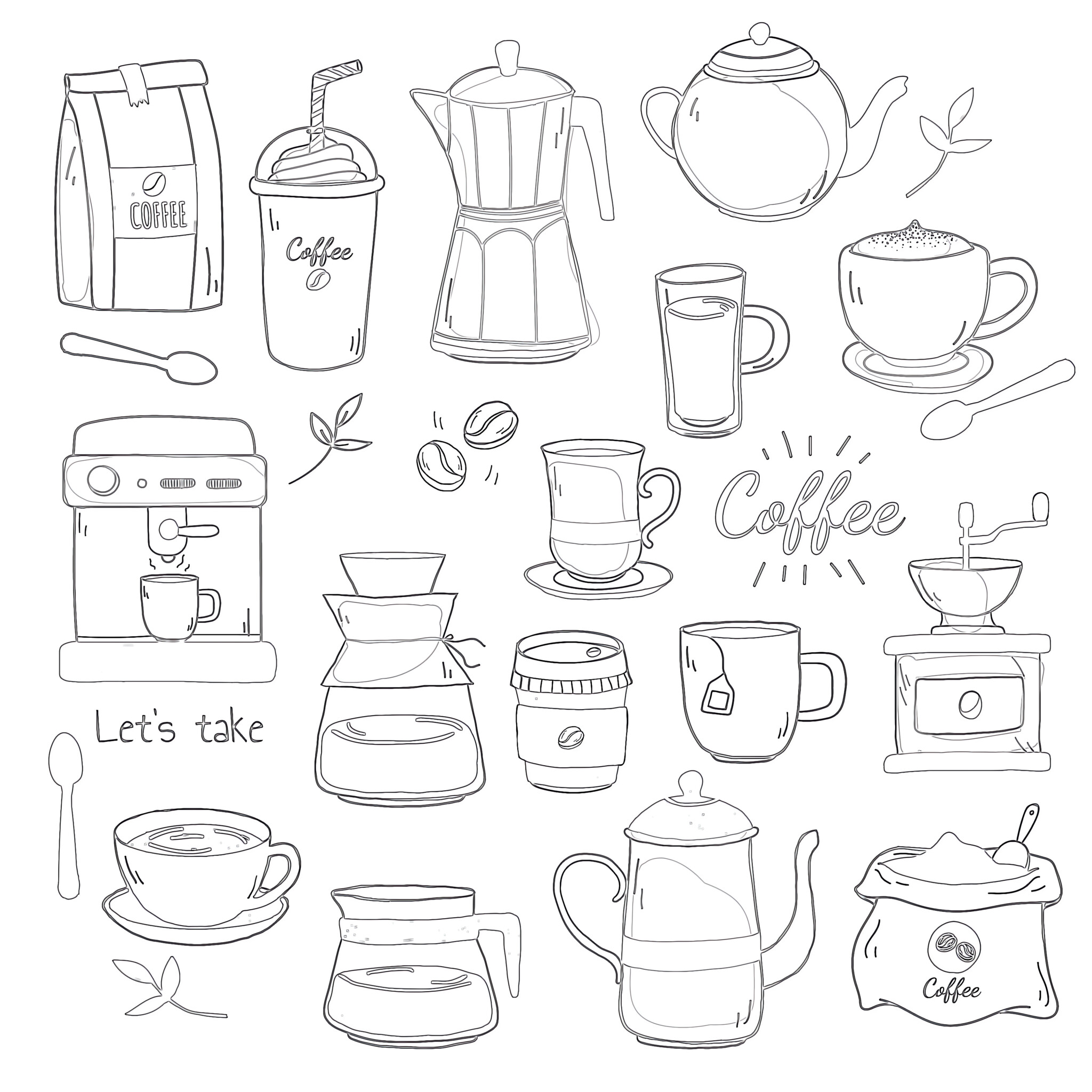 Printable Coffee Set Coloring Page - Mimi Panda