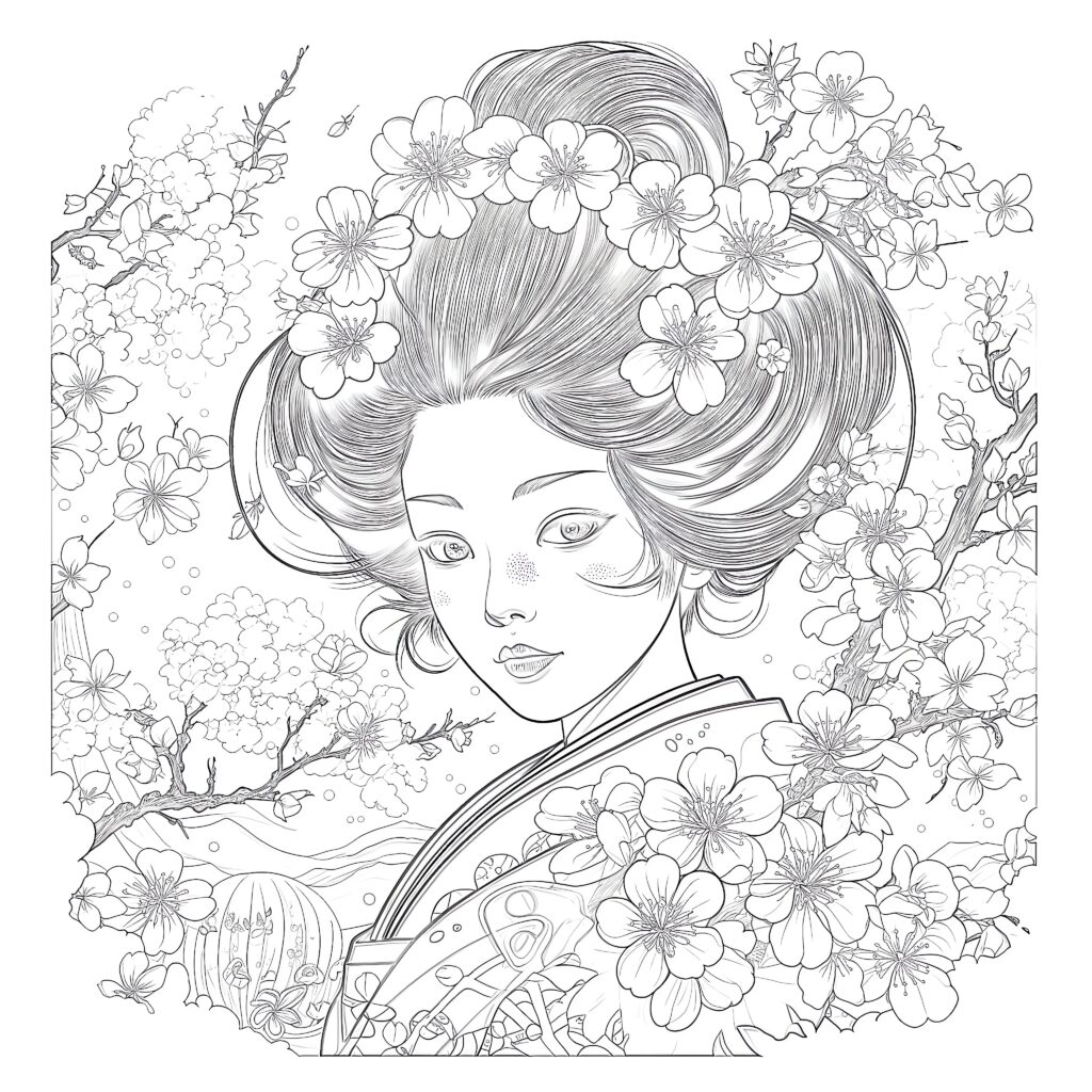 Geisha With Sakura Coloring Page | Coloring Pages Mimi Panda