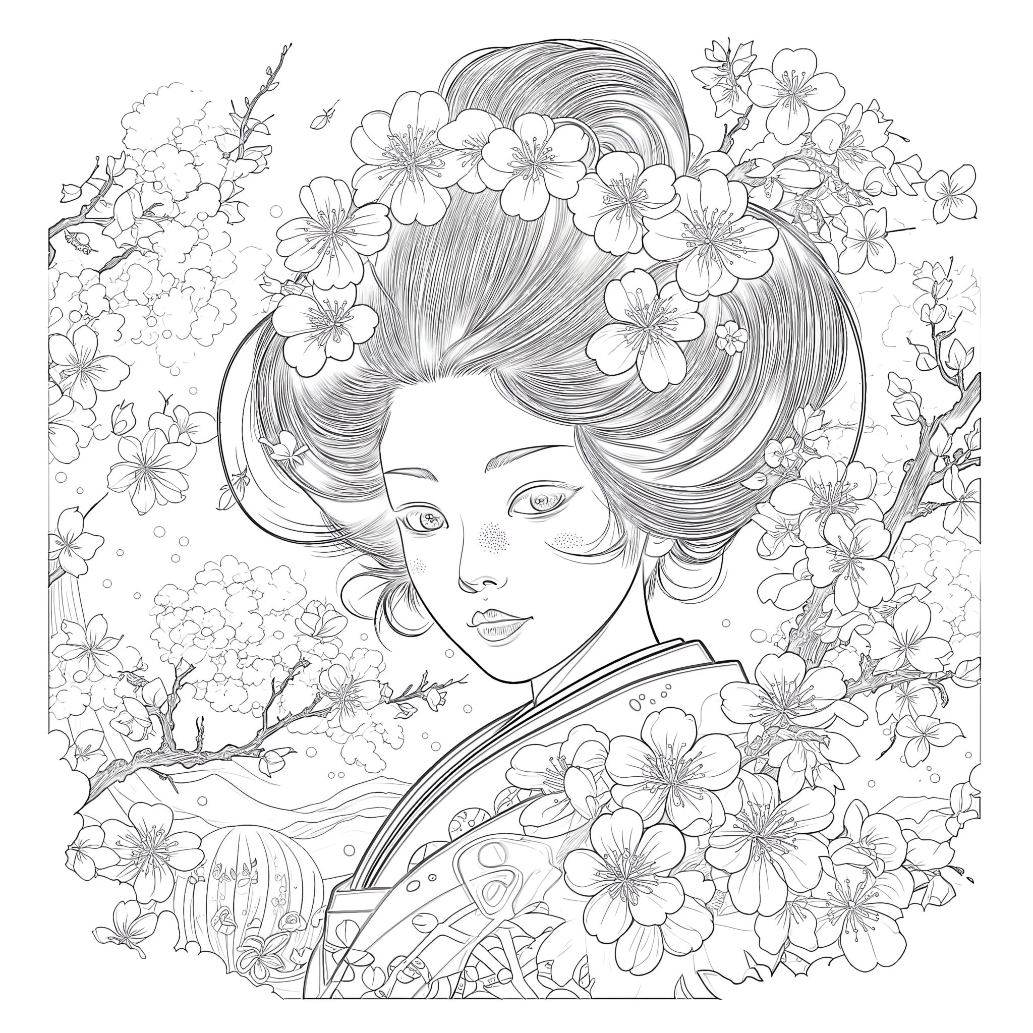 Geisha With Sakura Coloring Page | Coloring Pages Mimi Panda