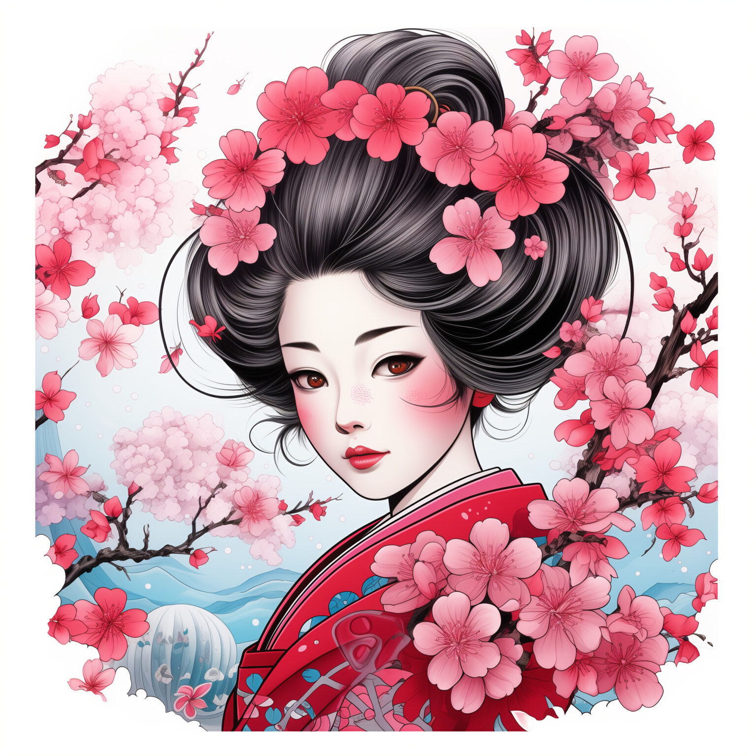 Geisha With Sakura Coloring Page | Coloring Pages Mimi Panda